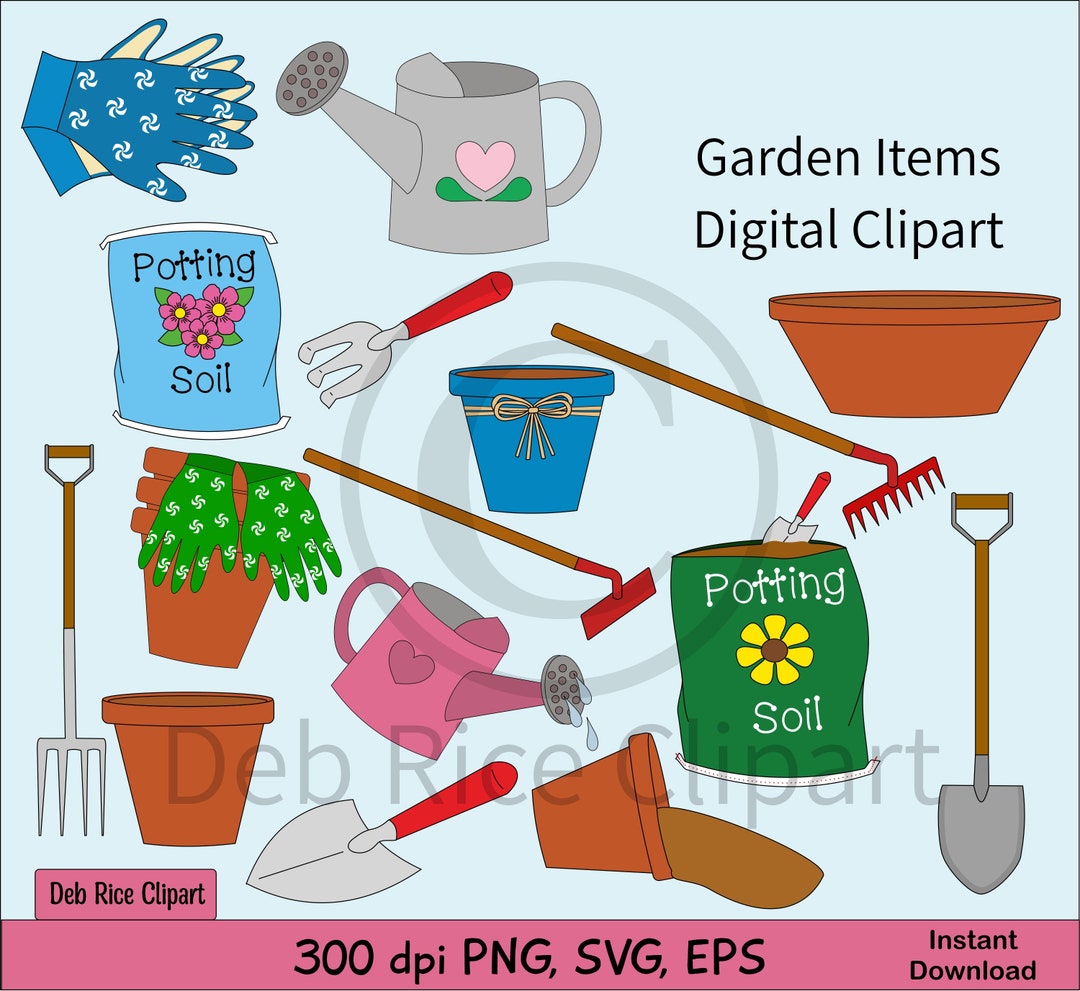 Gardening Items Digital Clipart Potting Soil, Clay Pots, Watering Cans ...