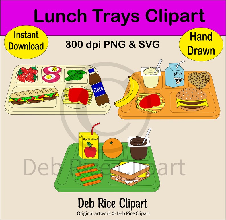 Lunch Trays Clipart - Cafeteria Foods, PNG, EPS, SVG, Instant Digital ...