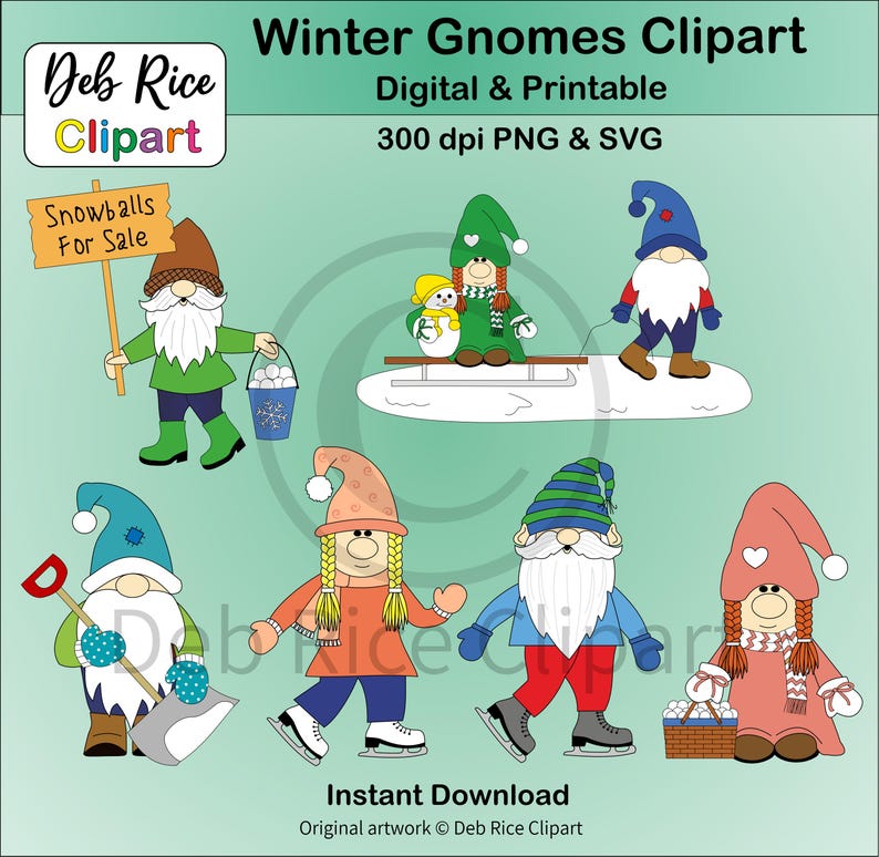 Winter Gnomes Clipart Gnomes Ice Skating, Gnome Selling Snowballs ...
