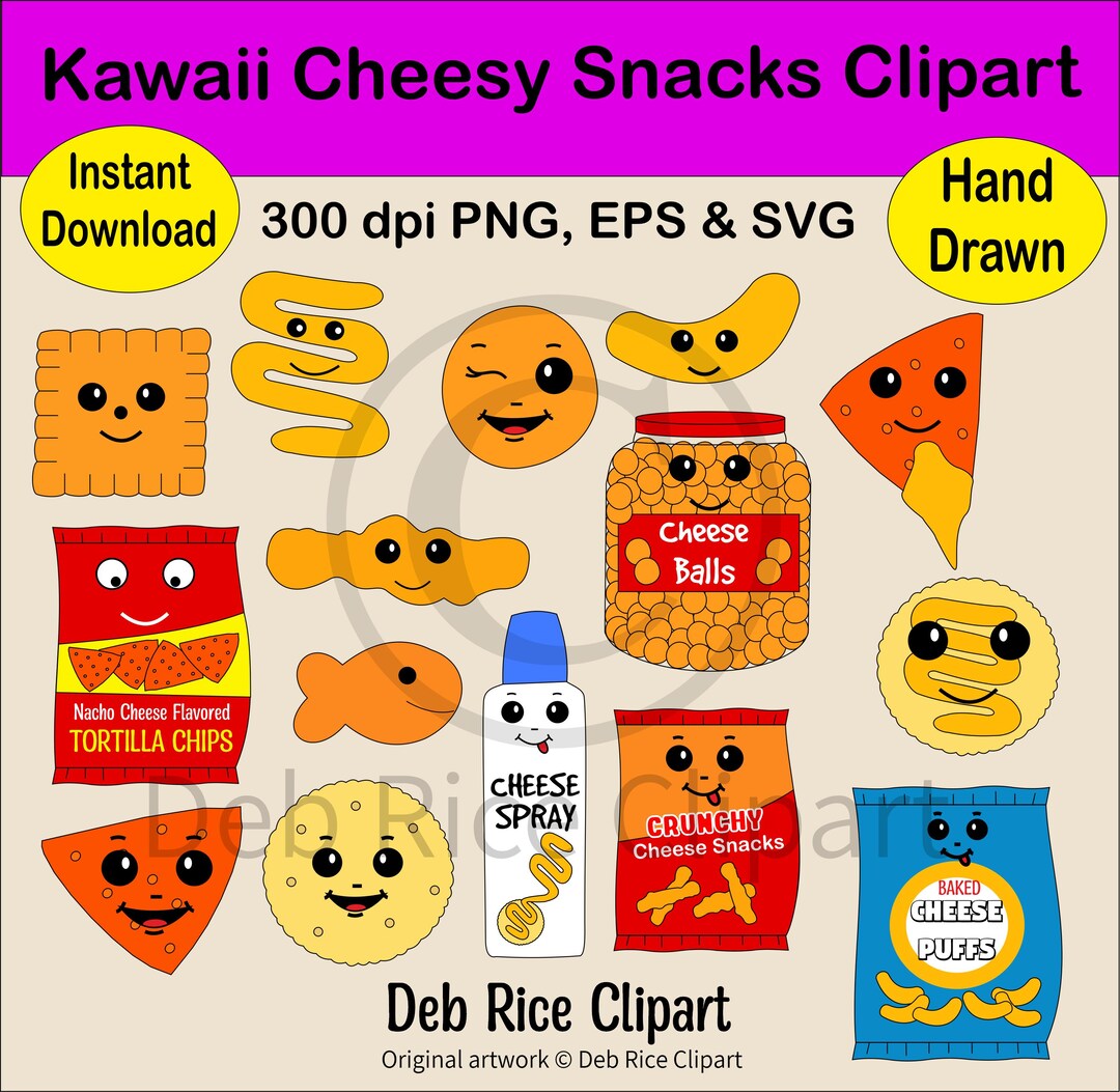 Kawaii Cheesy Snacks Clipart - Cheese Balls, Crackers, PNG, EPS, SVG ...