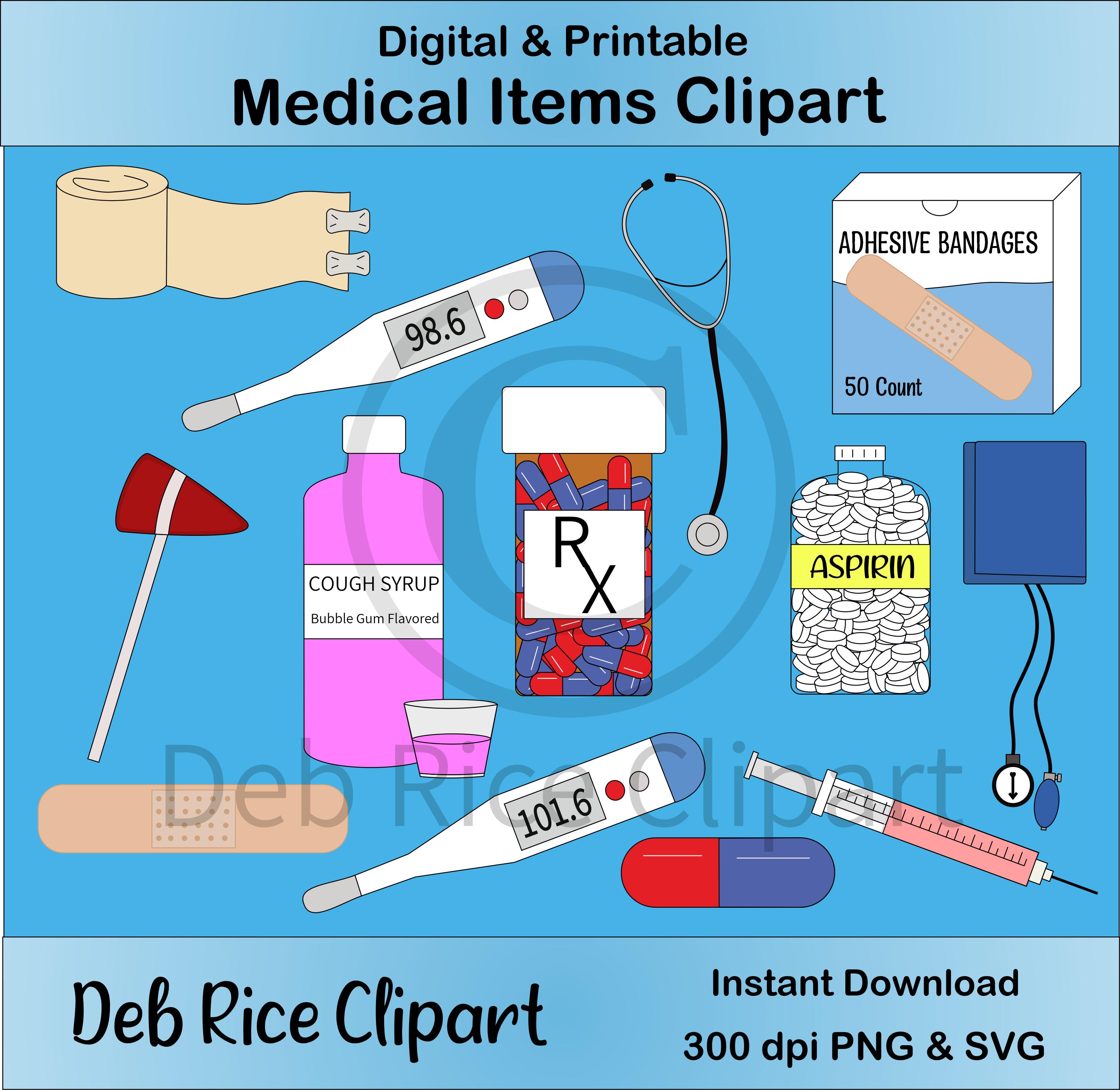 Medical Items Clipart Stethoscope, Needle, Thermometers, Cough Syrup ...