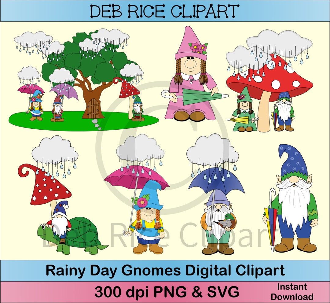 Rainy Day Gnomes Digital Clipart Gnomes Holding Umbrella, Gnomes Under ...
