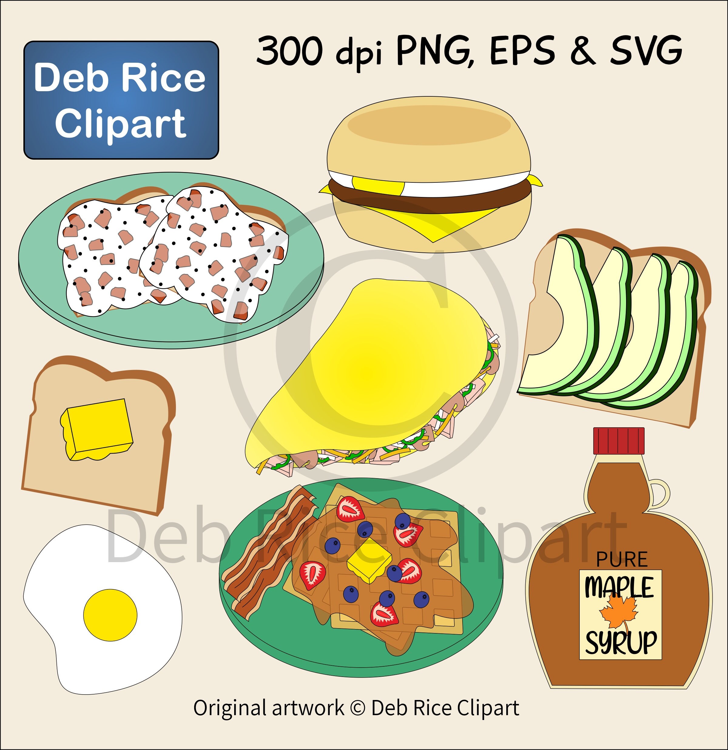 Breakfast Foods Clipart Pancakes, Bacon, Fried Egg, Waffles, Dried Beef ...
