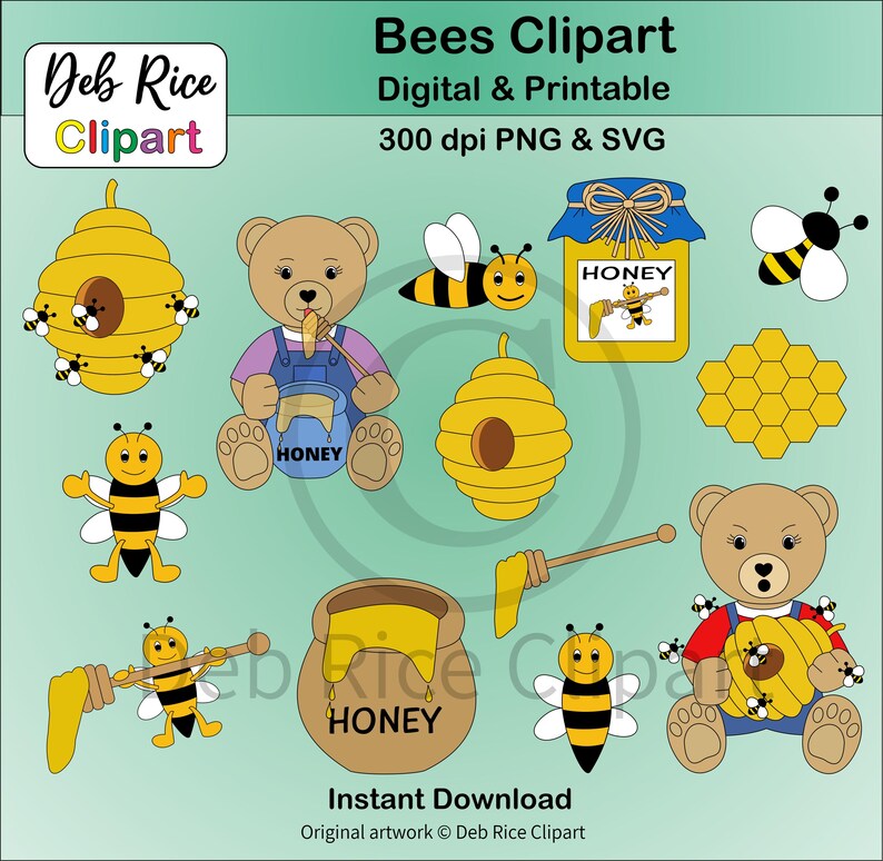 Bees Clipart Beehives, Bear With Honey Pot, Bees, Honey Dippers ...