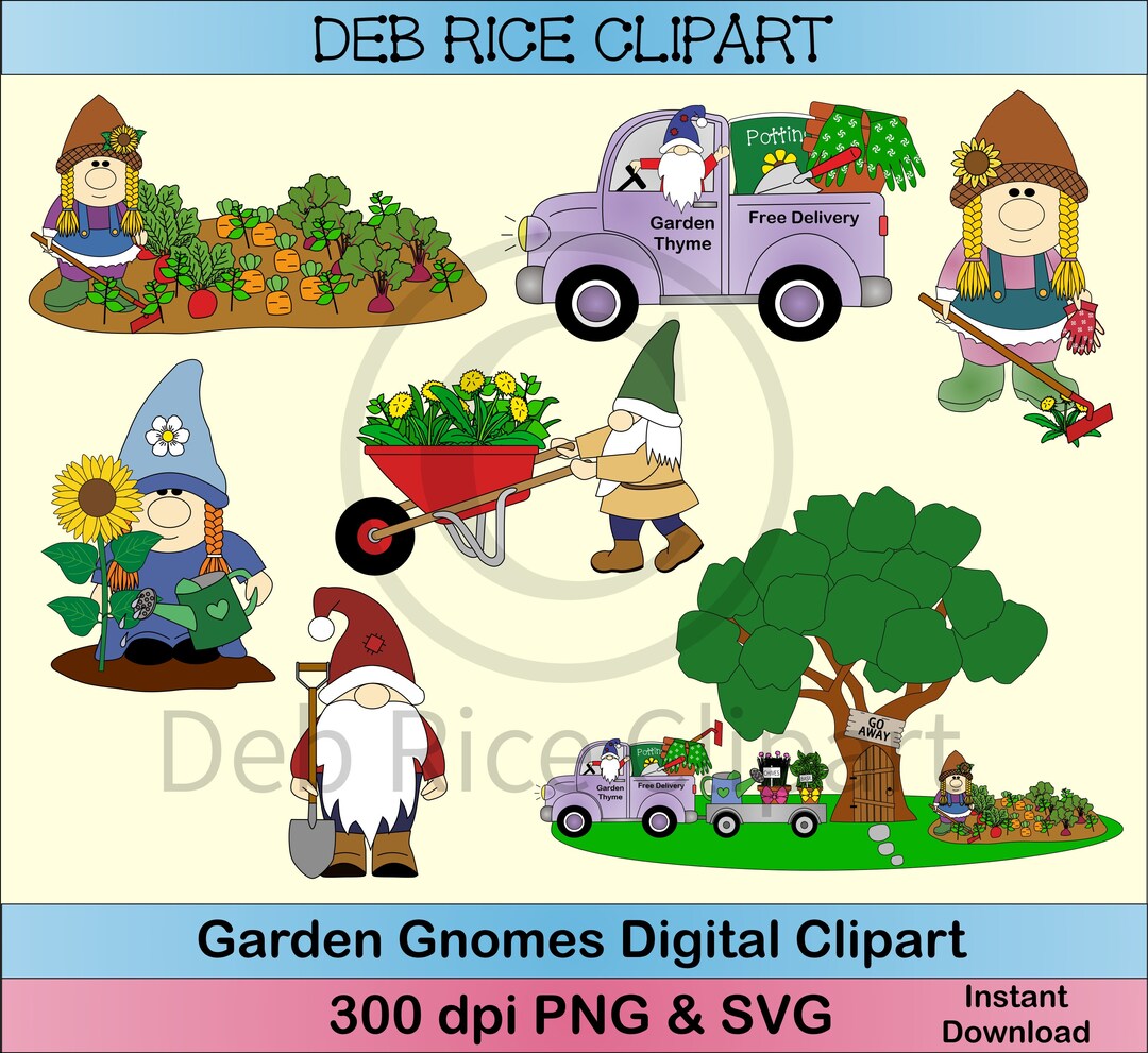Garden Gnomes Digital Clipart Garden Gnome Weeding, Gnome Driving ...