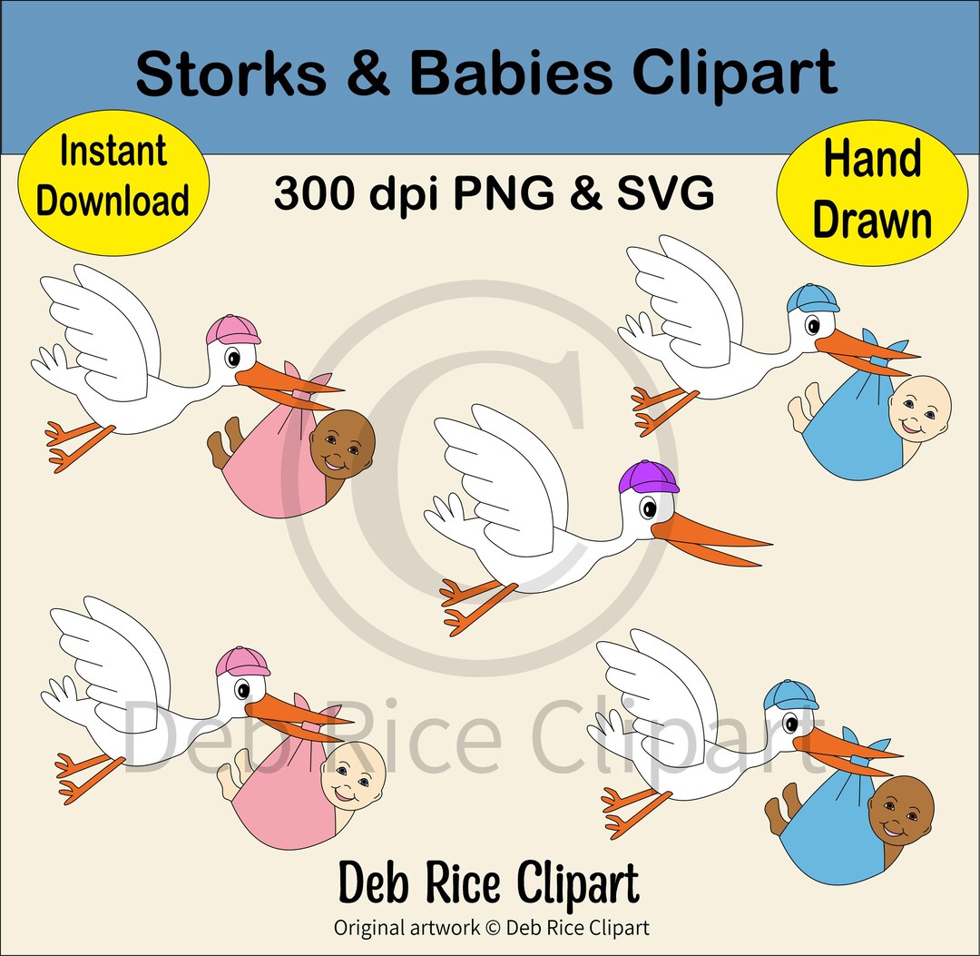Storks and Babies Clipart - Baby Shower, PNG, SVG, Instant Digital ...