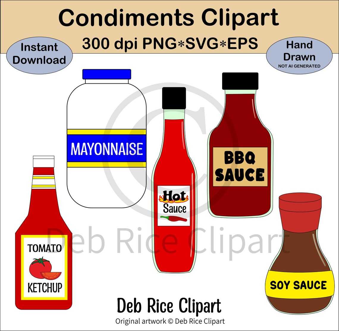 Condiments Clipart - Mayonnaise, Bbq Sauces, Mustard, Ketchup, Hot ...