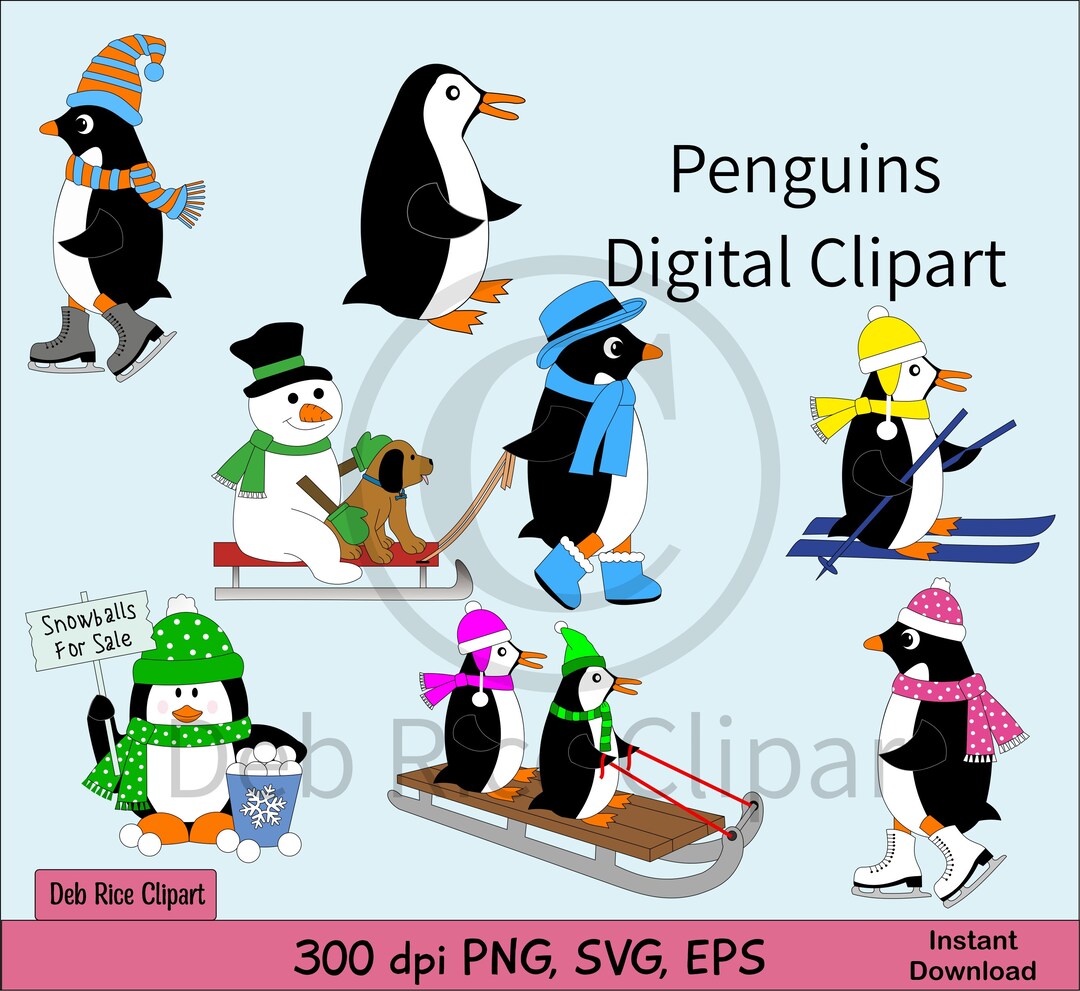 Penguins Digital Clipart Penguins Ice Skating, Sledding, Selling ...