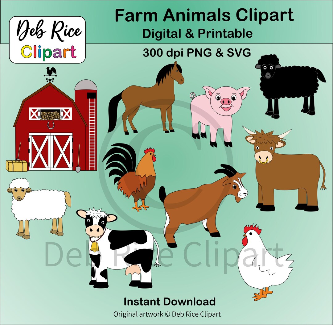 Farm Animals Clipart Barn, Cow, Horse, Goat, Pig, Bull, Sheep, Rooster ...
