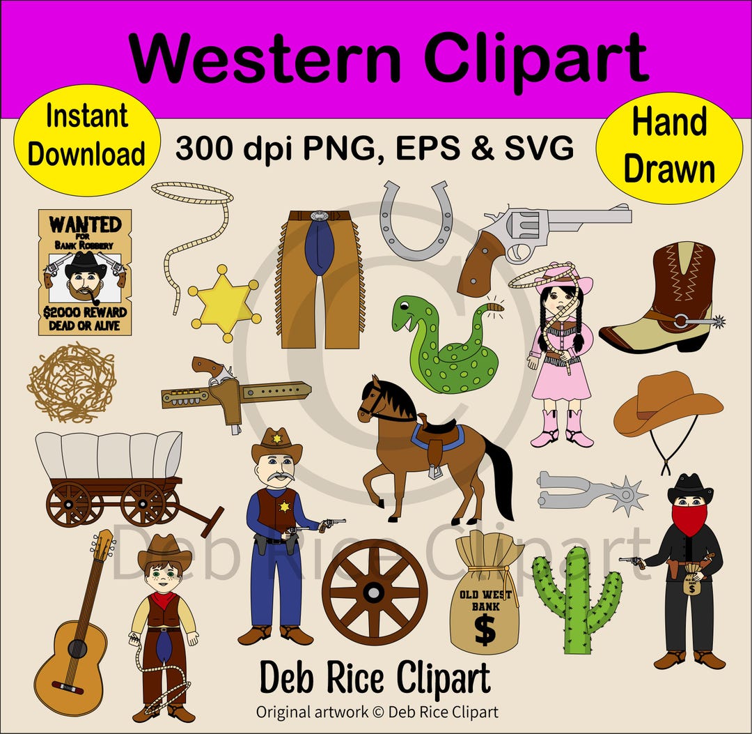 Western Clipart - Cowboy, Cowgirl, Lasso, Boot, Tumbleweed, PNG, EPS ...