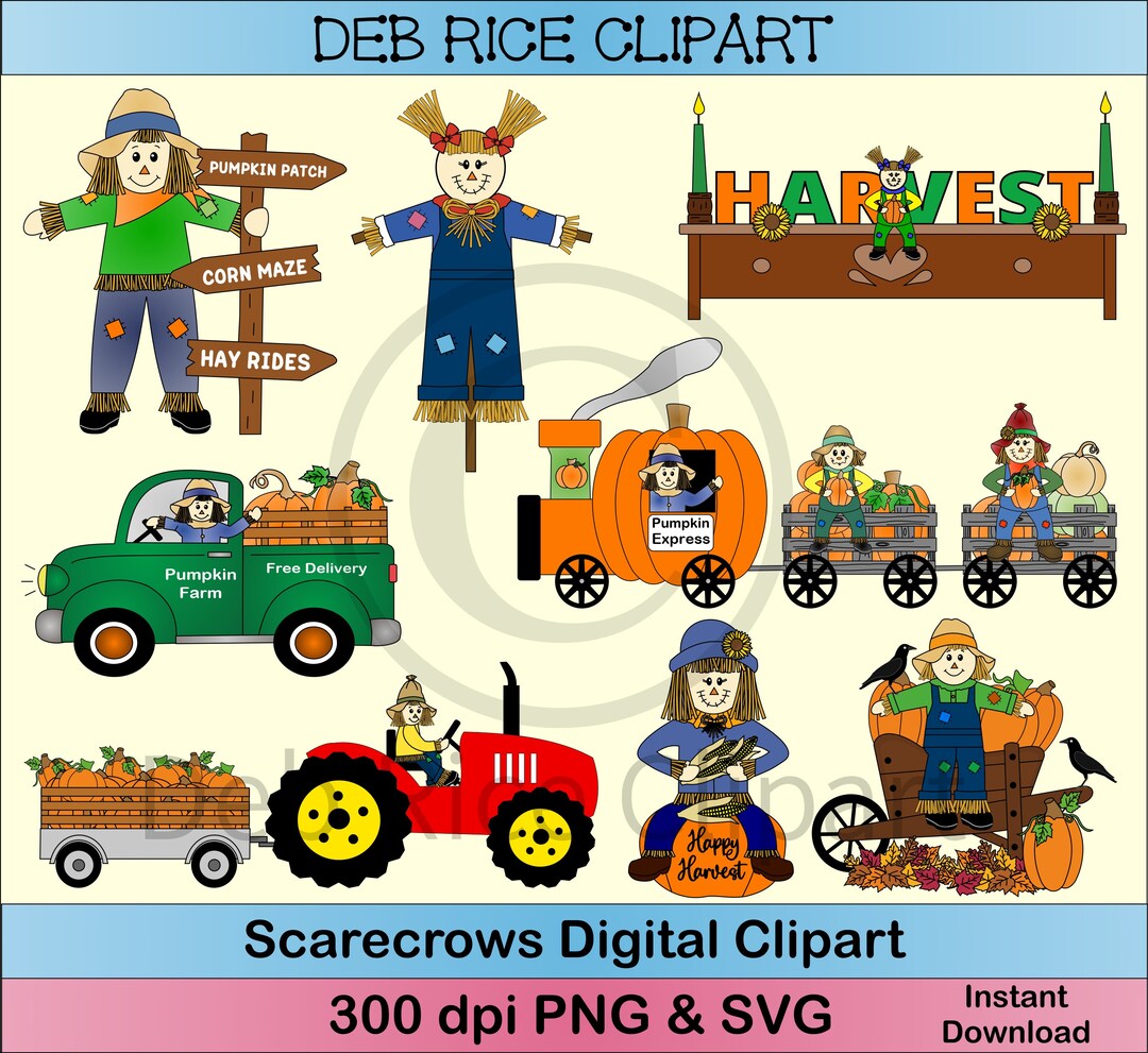 Scarecrows Digital Clipart Girl Scarecrow on Post, Pumpkin Express ...