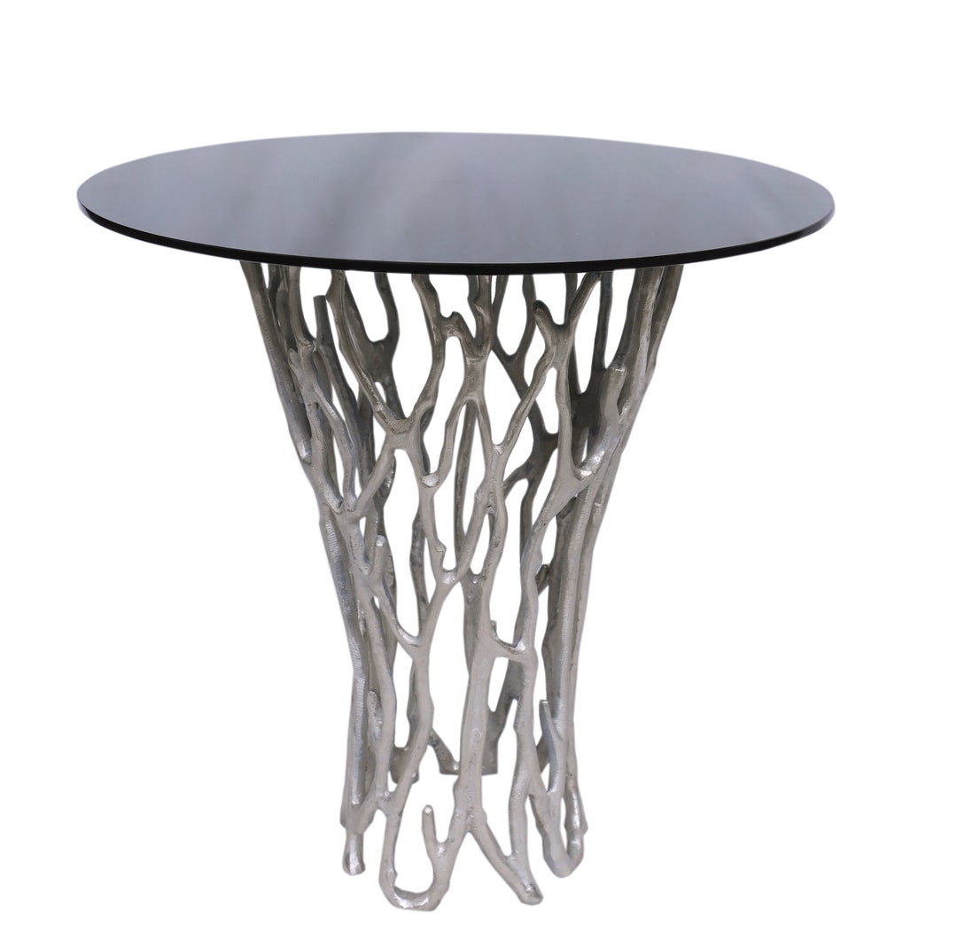 Old Tree Coffee Table in Silver Finish With Black Tempered Glass, Top ...