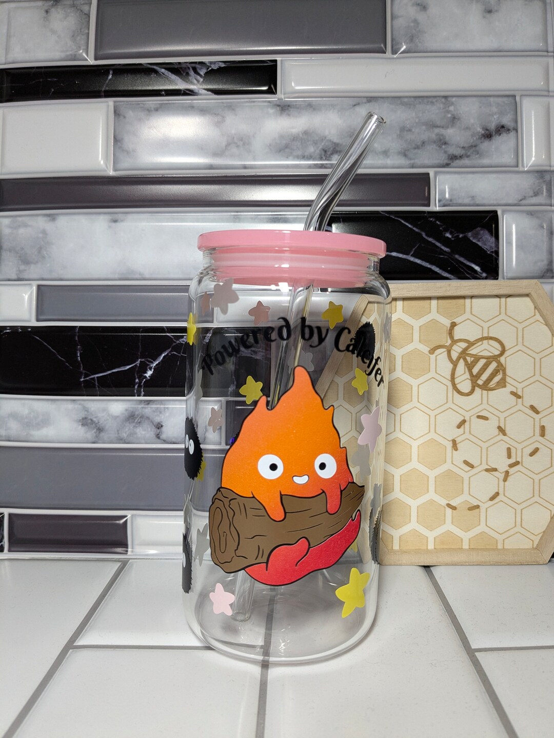 Calcifer & Soot Sprite Themed Vinyl Wrapped Glass Cup | Calcifer and ...