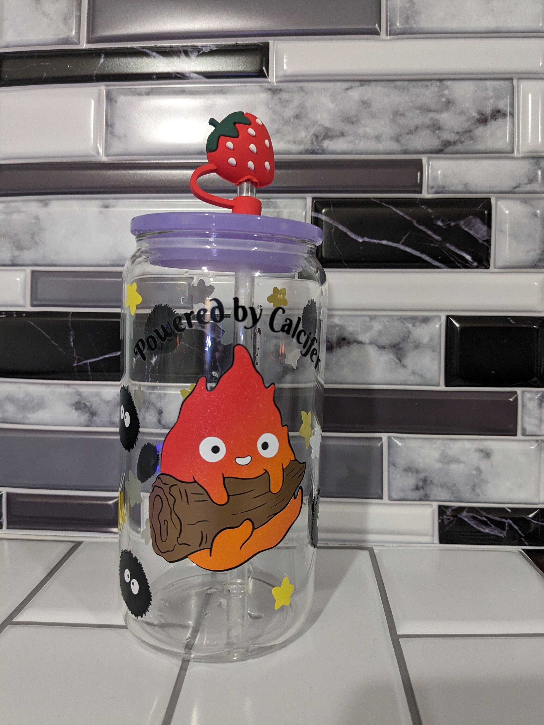 Calcifer & Soot Sprite Themed Vinyl Wrapped Glass Cup Calcifer and Soot ...