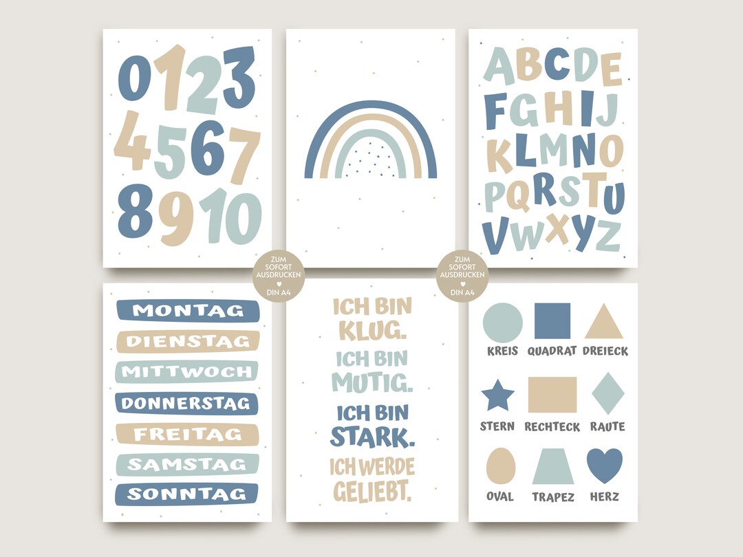 Learning Poster Set Boho ABC Numbers Affirmations for Children, Poster ...