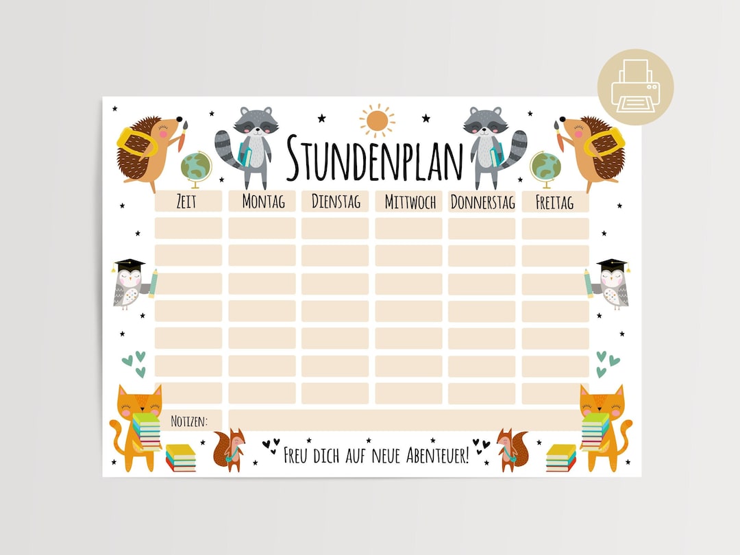 Stundenplan Tiere zur Einschulung Jungen Mädchen Schulkind zum ...