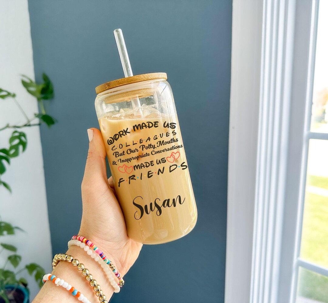 Funny Work Bestie Glass Tumbler, Coworker Friend Gift, Iced Coffee ...