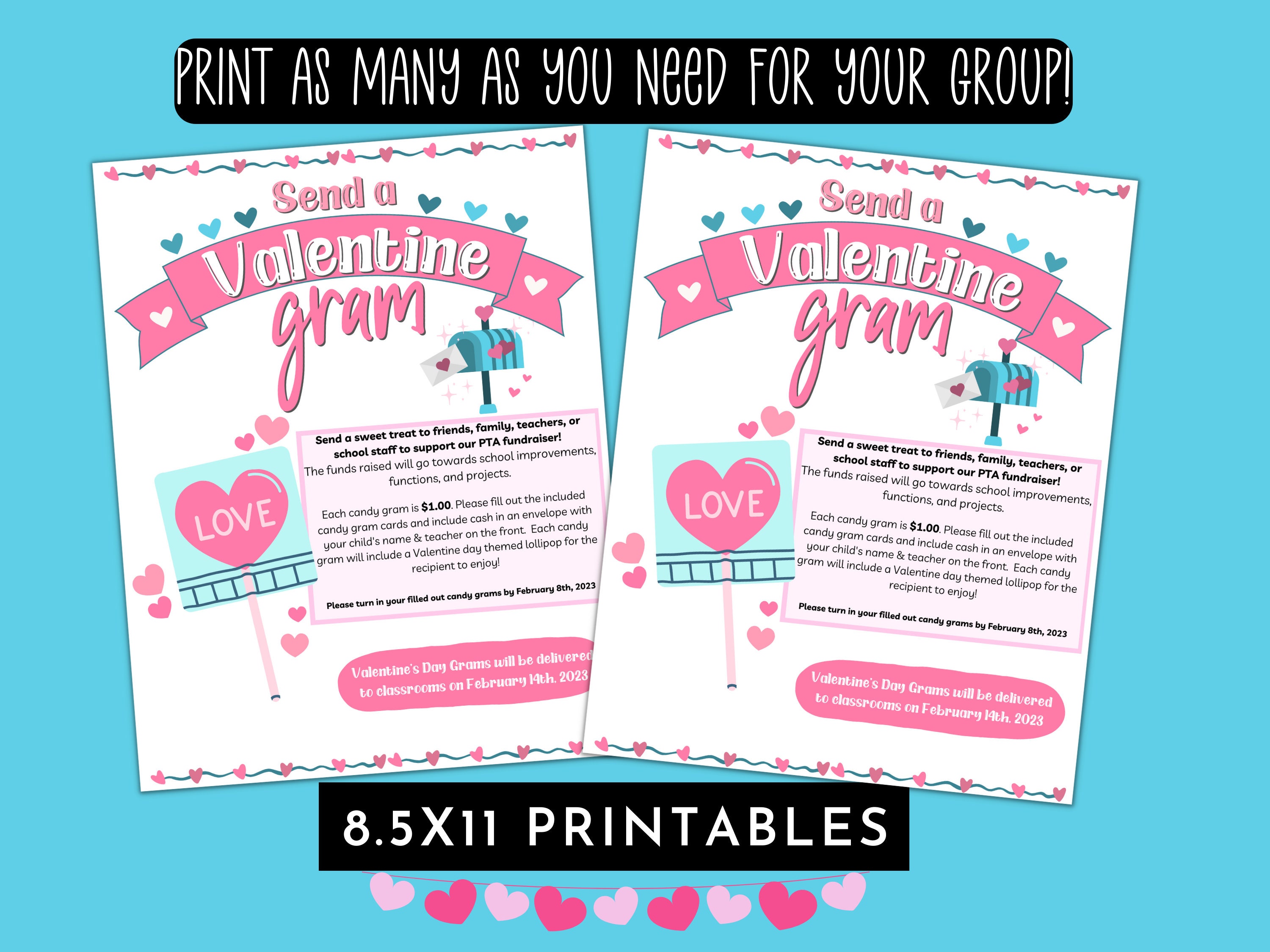 PTA PTO Valentine's Day Candy Gram School Fundraiser Flyer Template ...