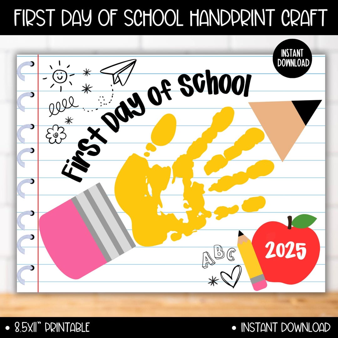 2025 First Day of School Pencil Apple Handprint Printable Craft, 1st ...
