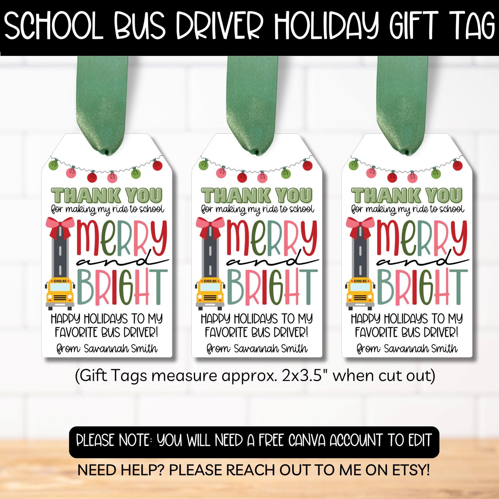 School Bus Driver Christmas Gift Tag Card, Editable Busdriver Holiday ...
