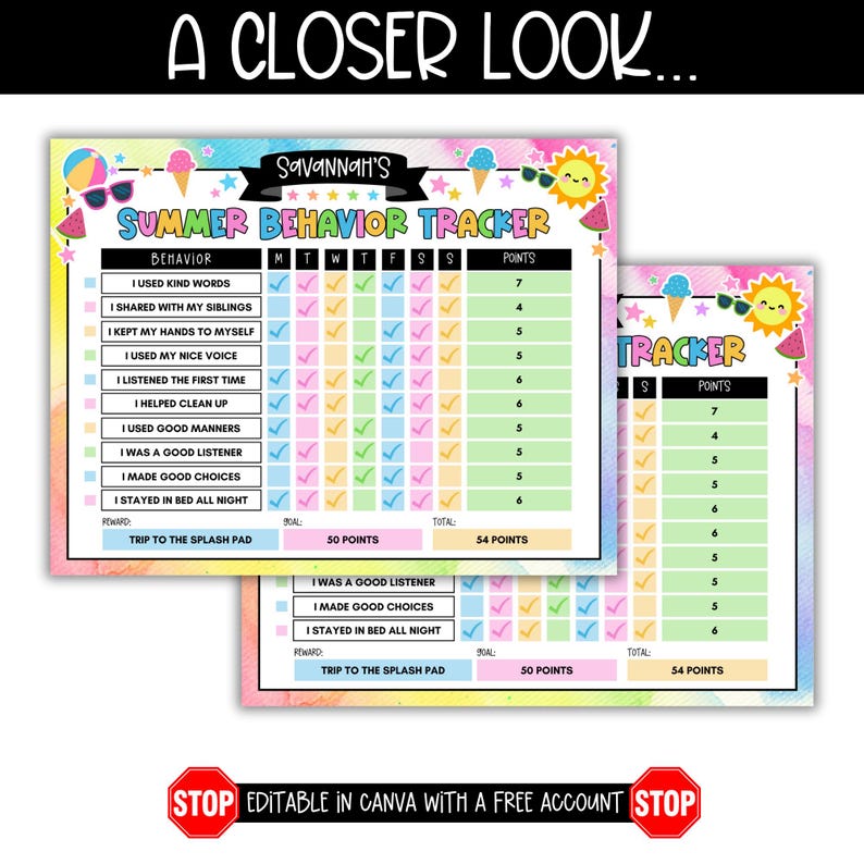 Summer Behavior Tracker Chart for Kids, Good Behavior Log Chart ...