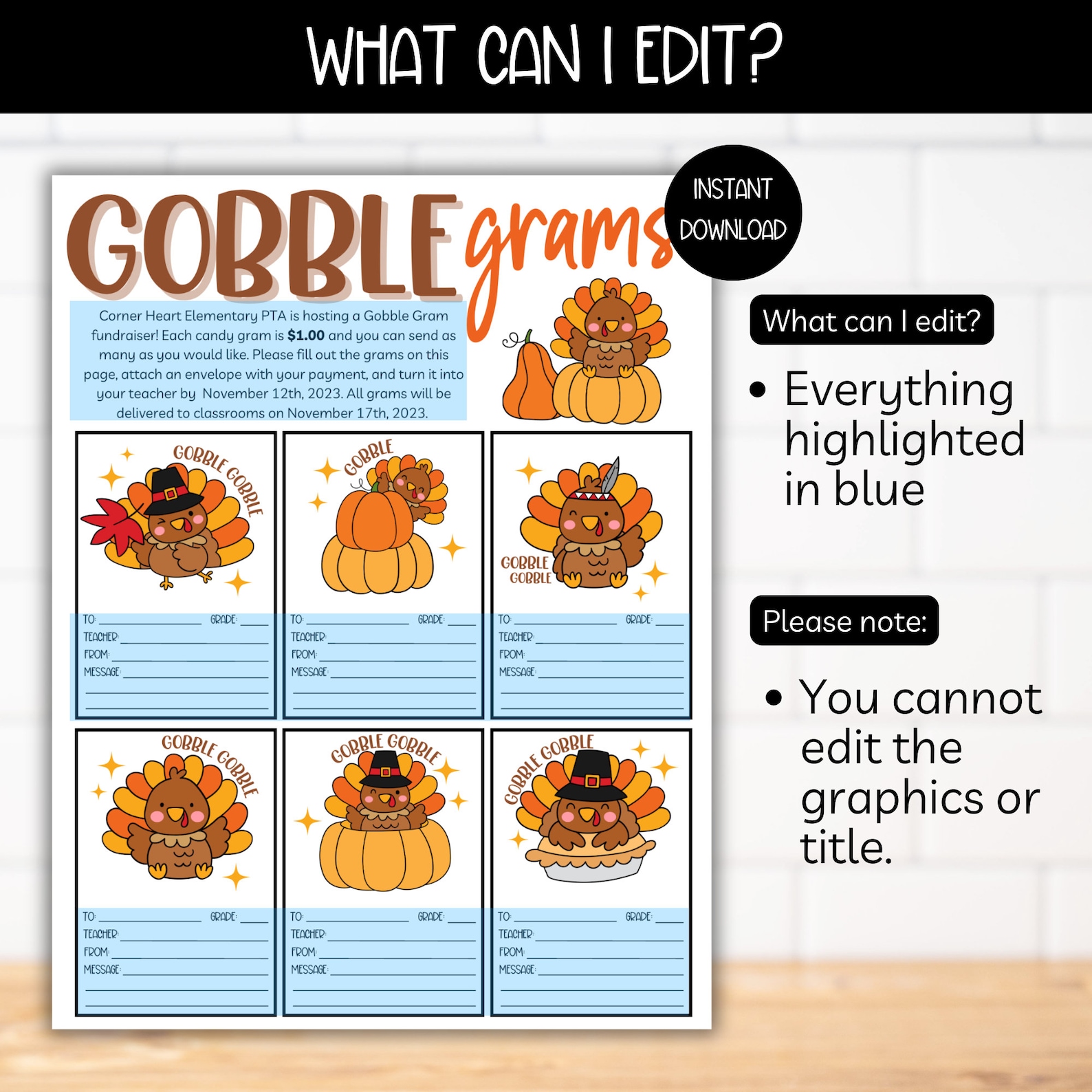 PTA PTO Gobble Gram Fundraiser Flyer Template, Autumn School Fundraiser ...