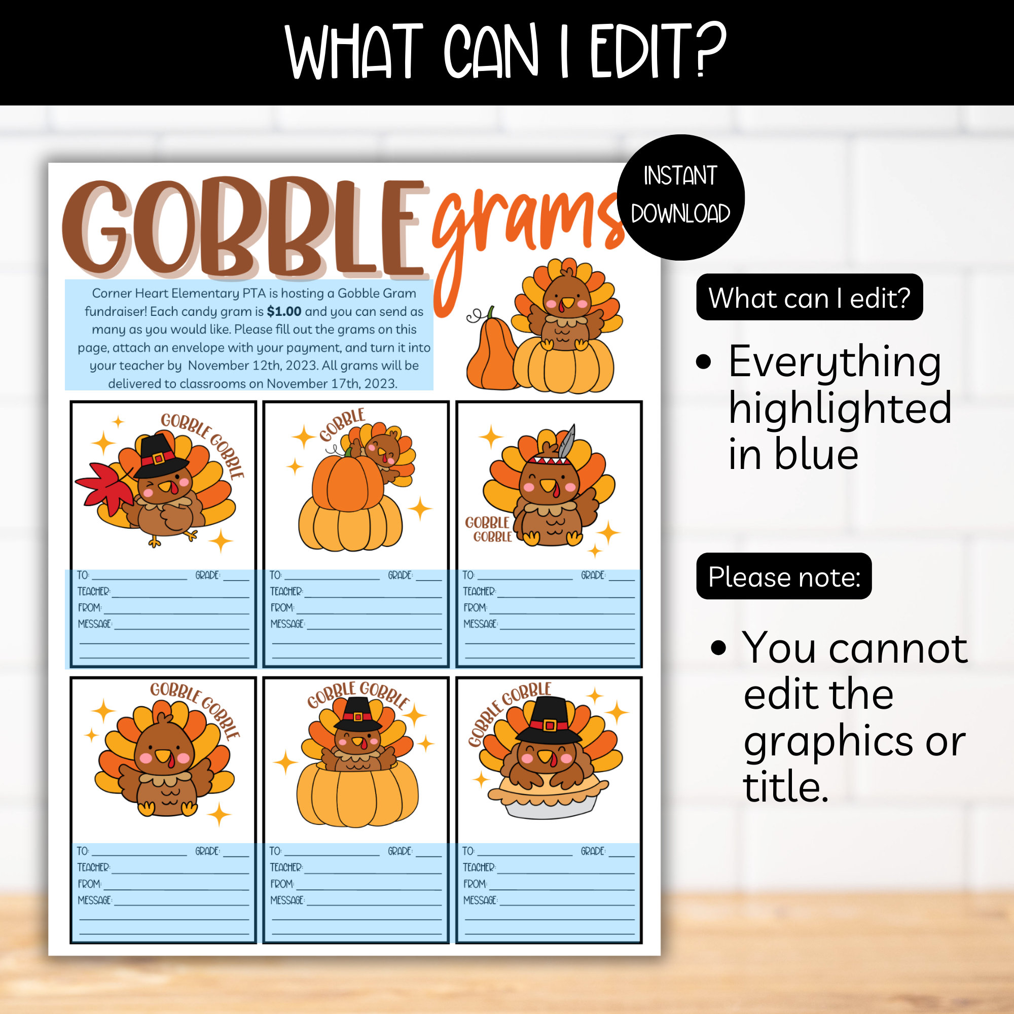 PTA PTO Gobble Gram Fundraiser Flyer Template, Autumn School Fundraiser ...