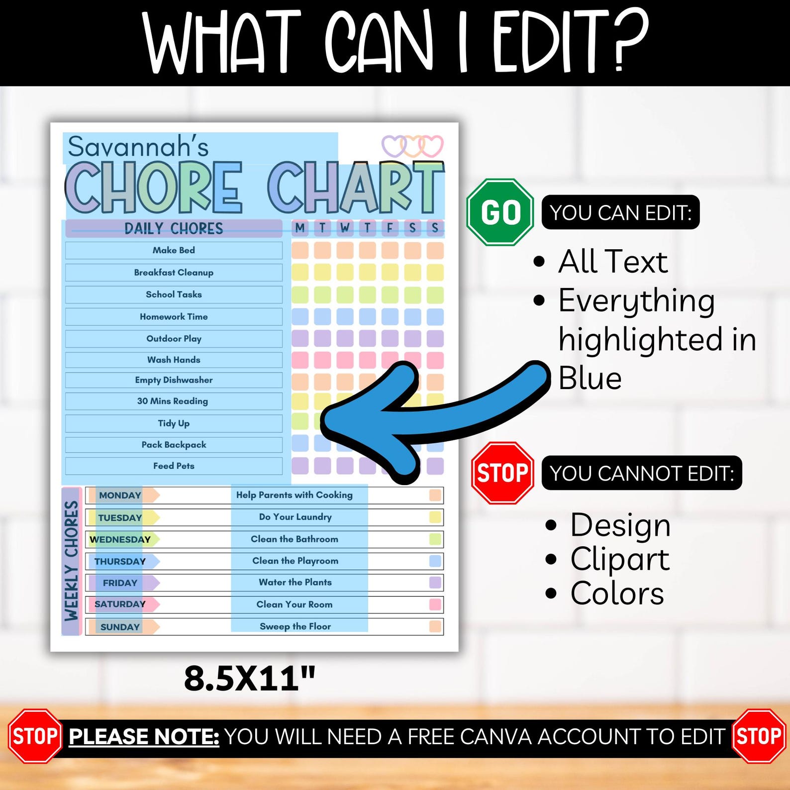Editable Weekly Kids Chore Chart Printable, Kid to Do List, Daily ...