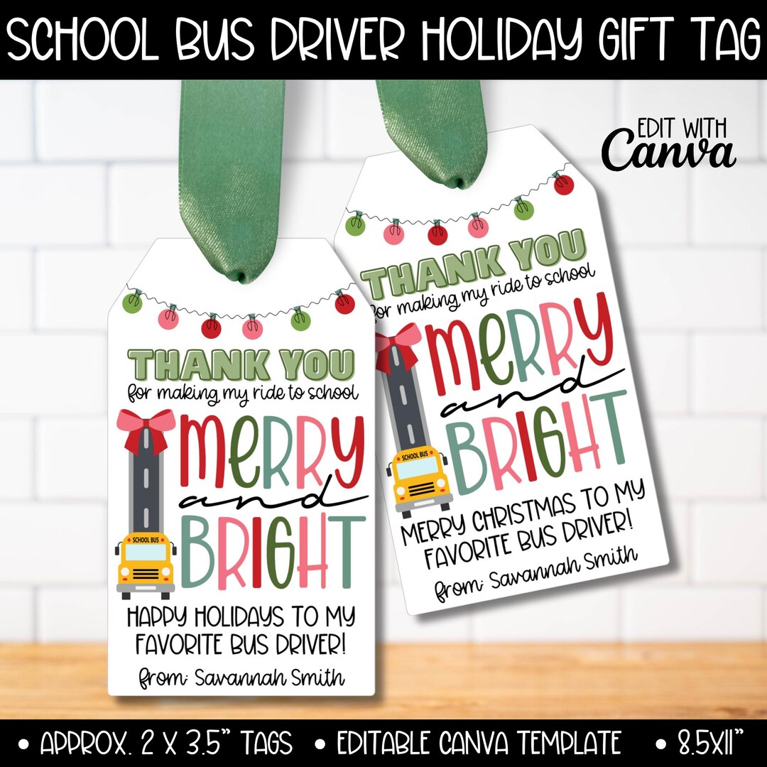 School Bus Driver Christmas Gift Tag Card, Editable Busdriver Holiday ...
