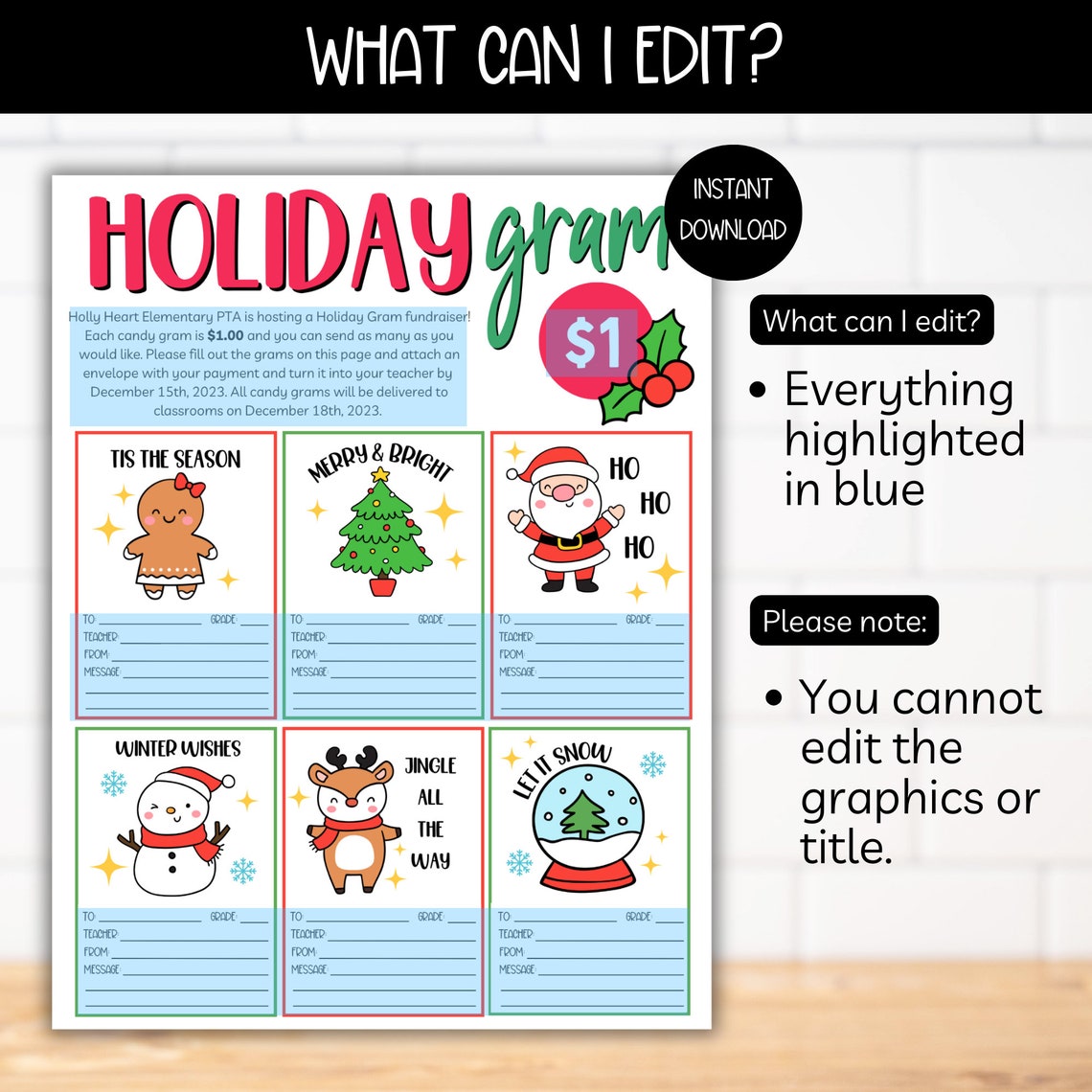 PTA PTO Christmas Holiday Gram Fundraiser Flyer Template, Winter School ...