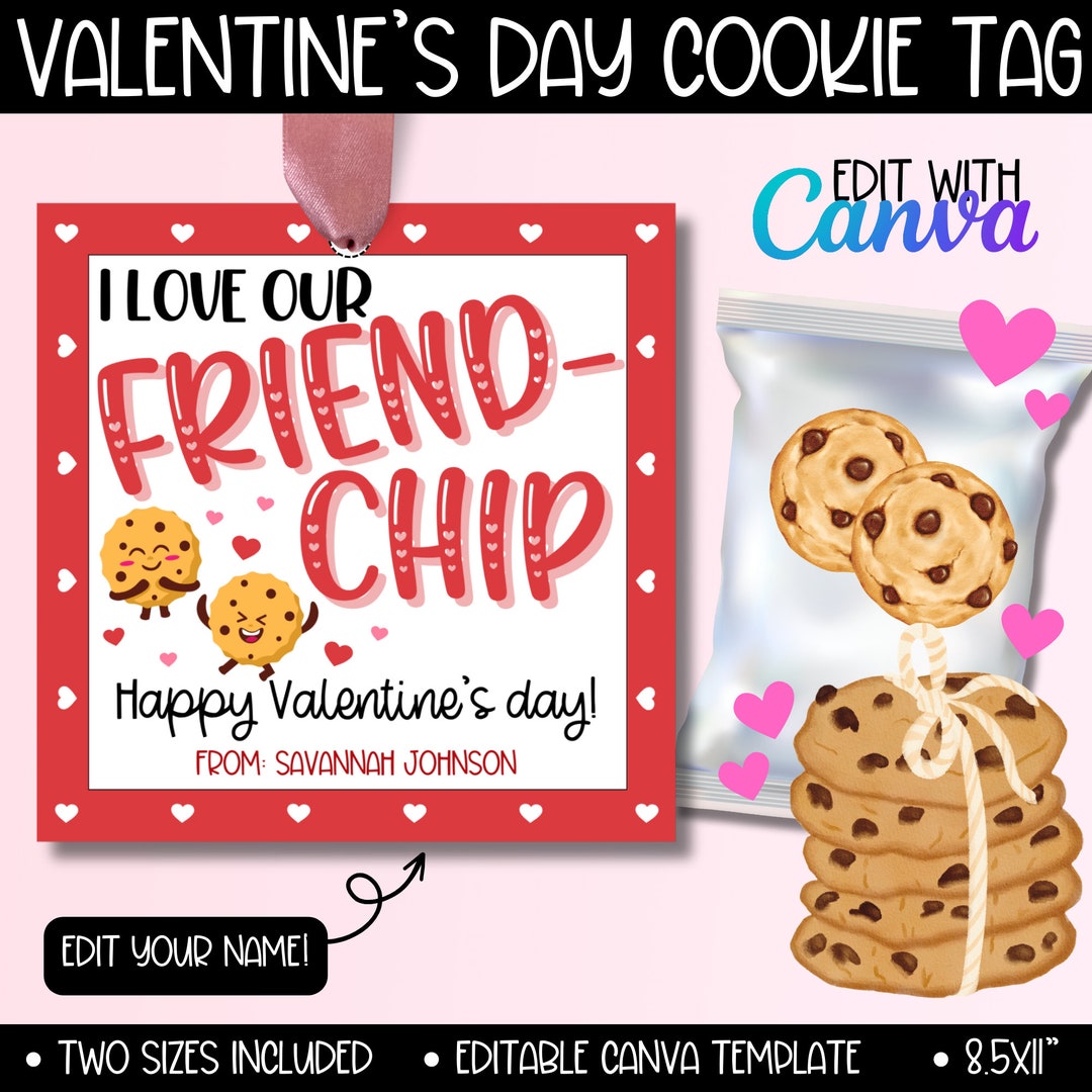 Valentine's Day Chocolate Chip Cookie Treat Goody Bag Tag Card, Red ...