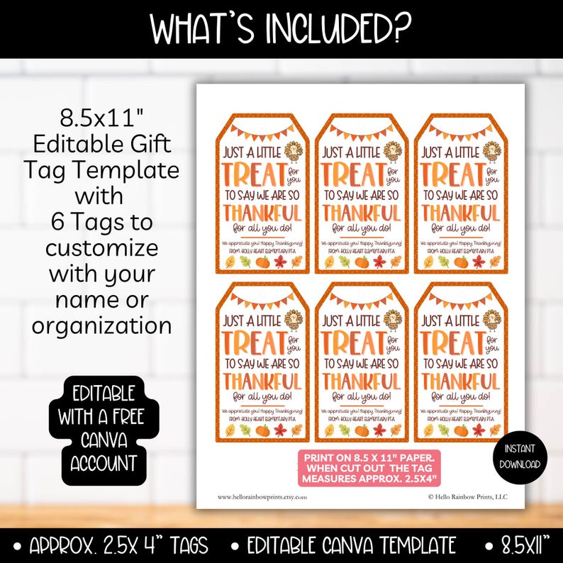 Thanksgiving Gift Tags Template, Editable Thankful for You Treat Tag ...