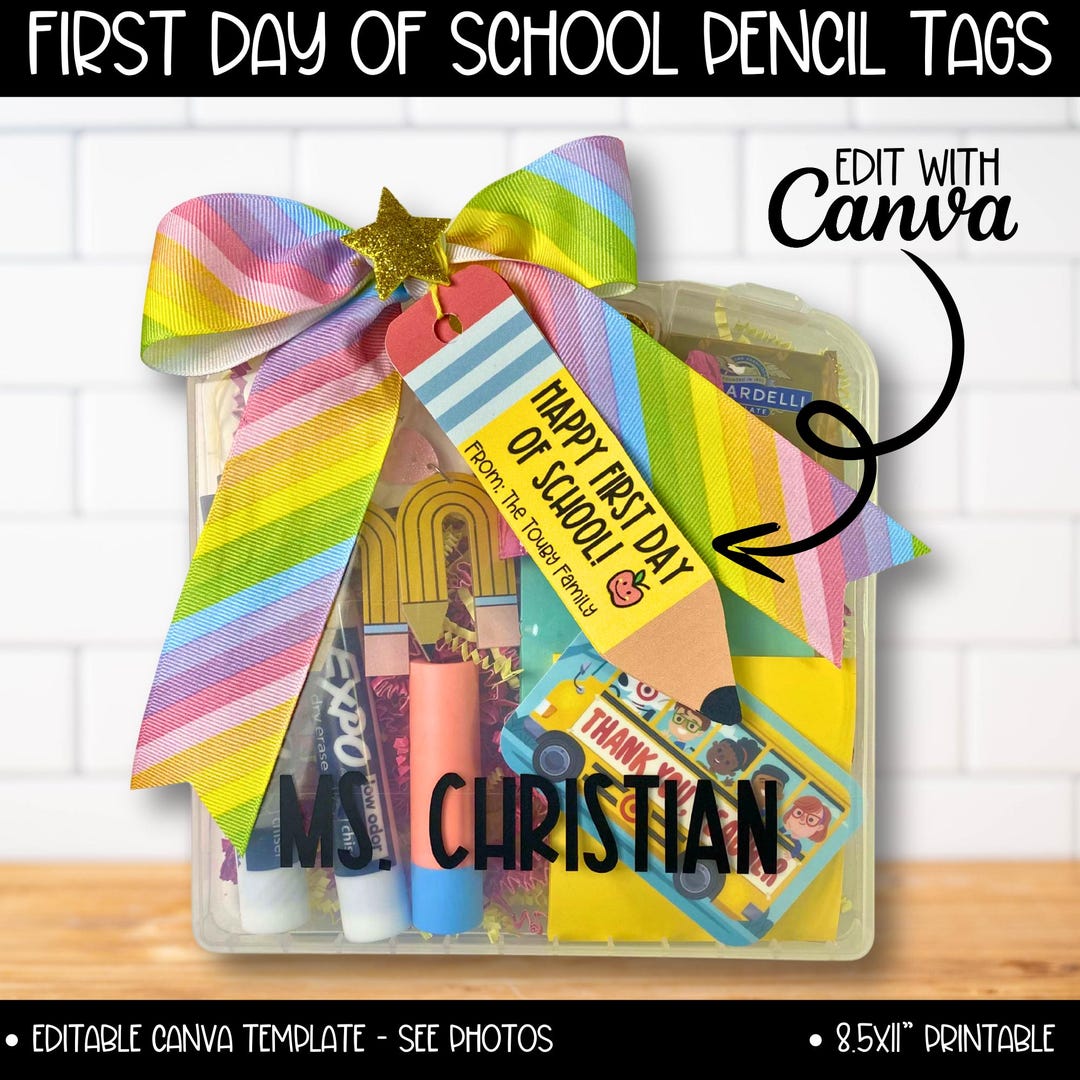 First Day of School Pencil Lunch Box Notes Gift Tags Canva Template ...