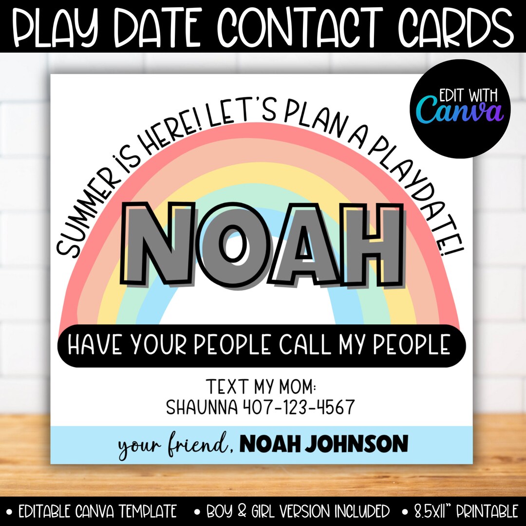 Rainbow Name Playdate Cards Boys Template, Keep in Touch Cards, End ...