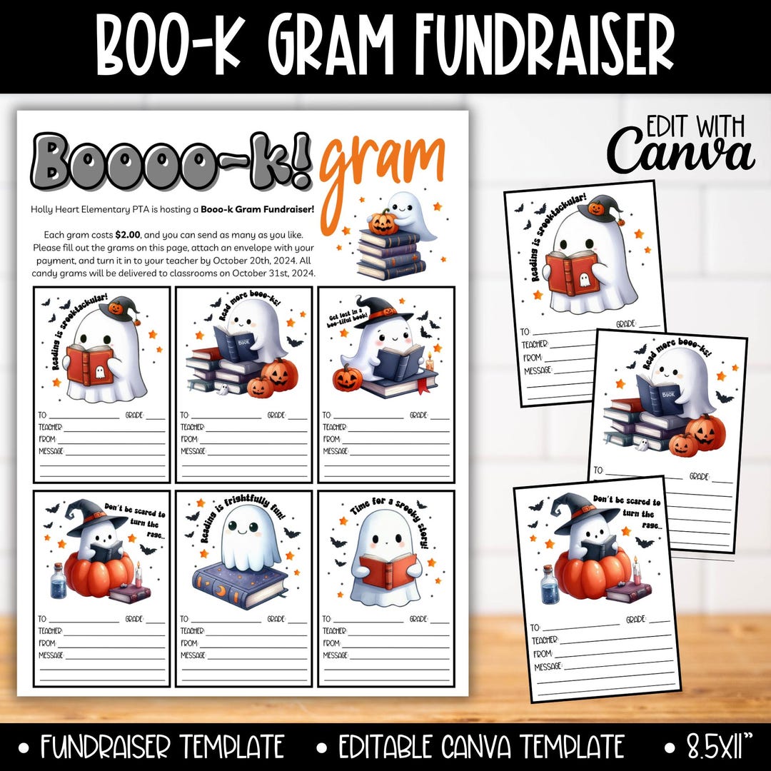 Halloween Boo Gram School Fundraiser Flyer Template, Ghost Reading Book ...