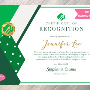 Girl Scout Certificate of Recognition Template (Download Now) - Etsy