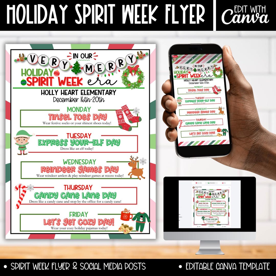 Editable Holiday School Spirit Week Era Theme Calendar Flyer, PTA PTO ...