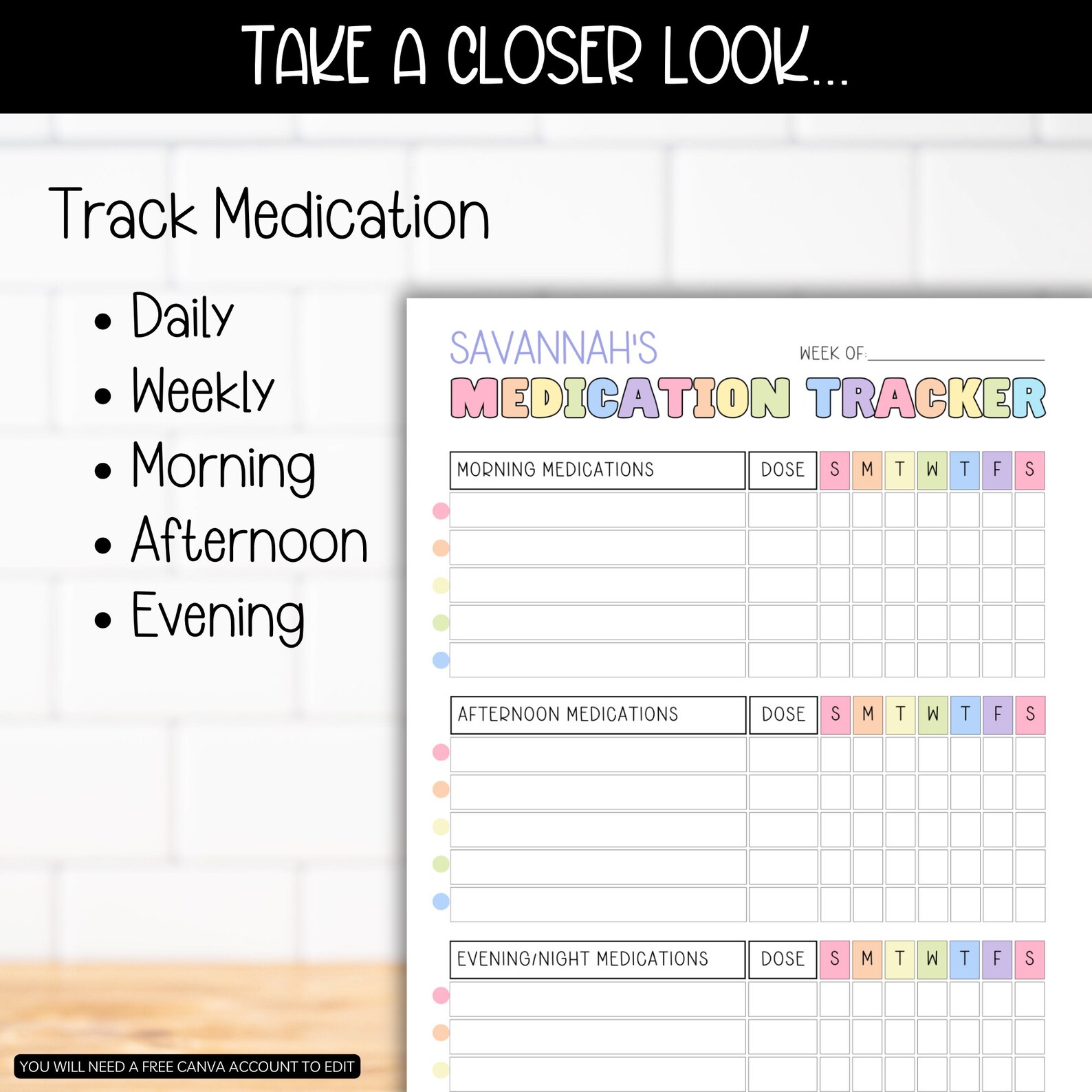 Medication Tracker Log Chart List Planner Kids Cute Printable Template ...