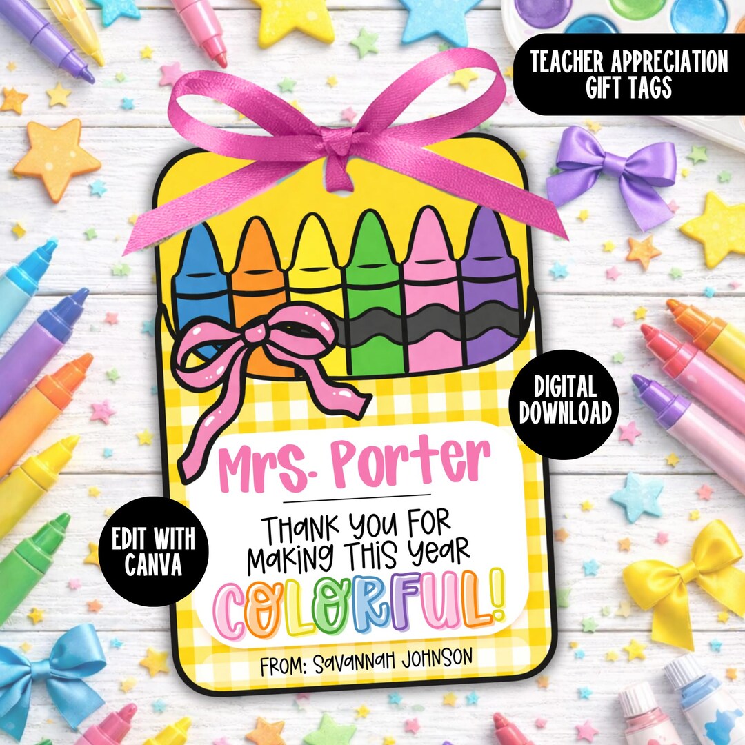 Teacher Appreciation Week Gift Tags Printable, Crayon Bow Teacher Gift ...