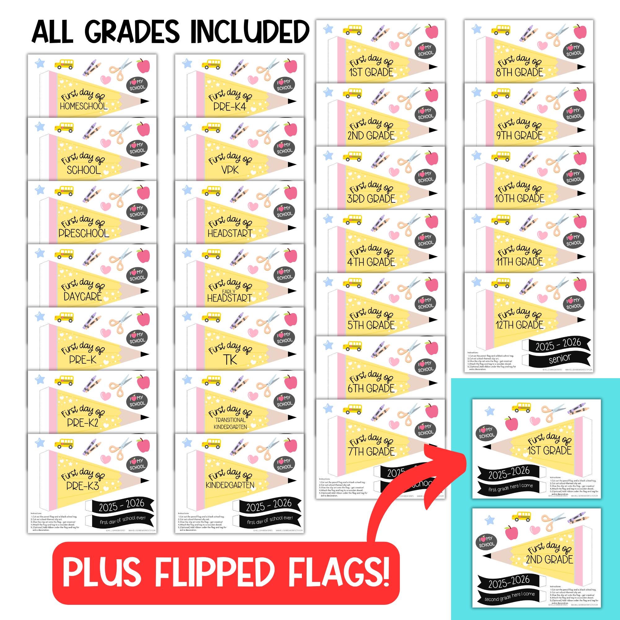 First Day of School Pencil Flag Prop Bundle, 26-27 Back to School High ...