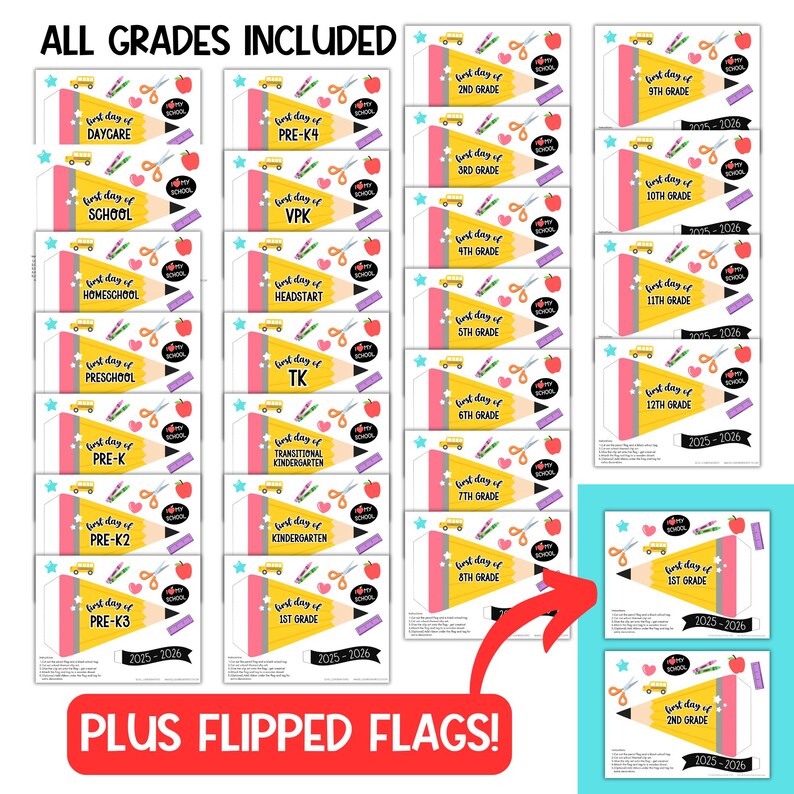 First Day of School Pennant Pencil Flag for Preschool Kindergarten ...