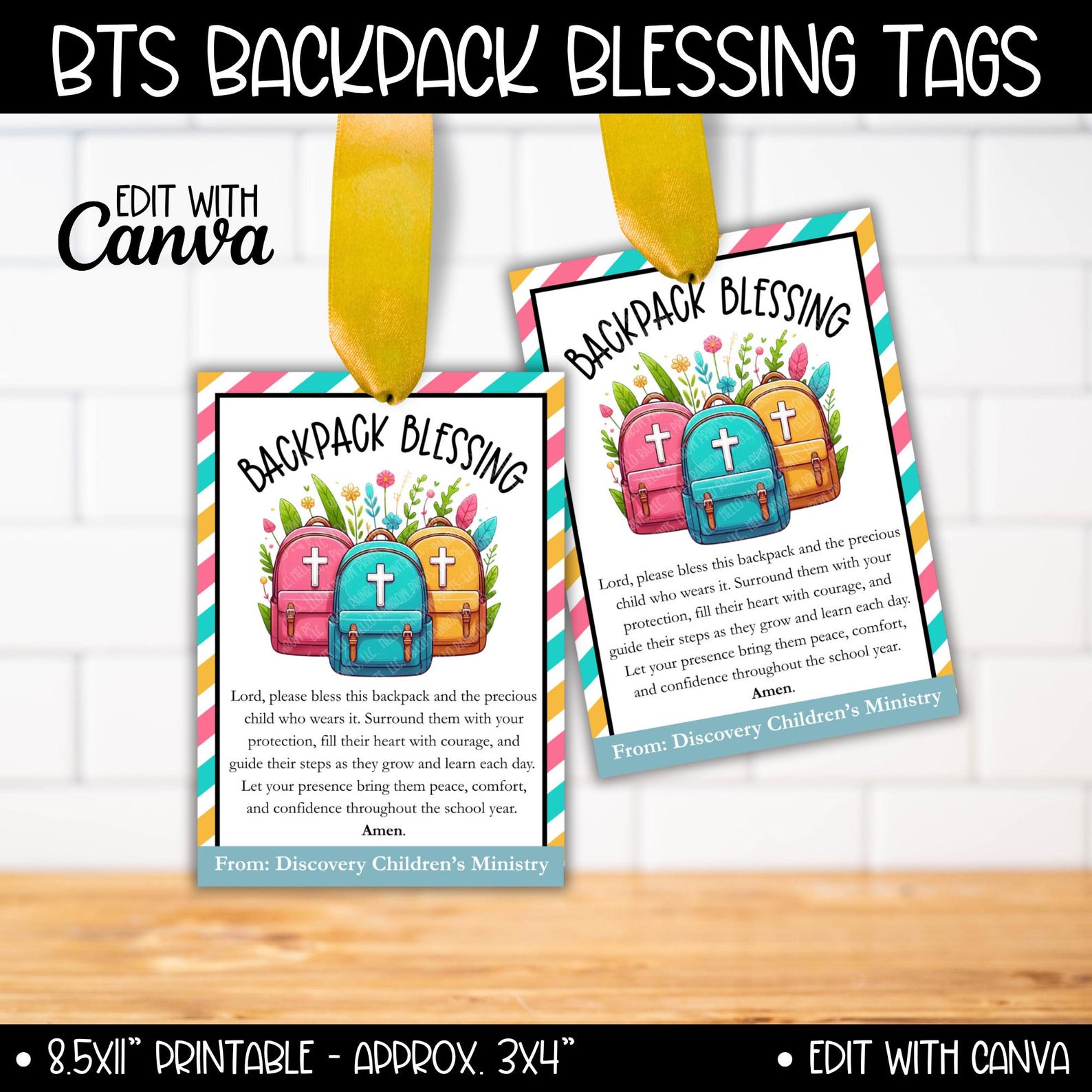 Back to School Backpack Blessing Tag Cards, Sunday School Christian ...