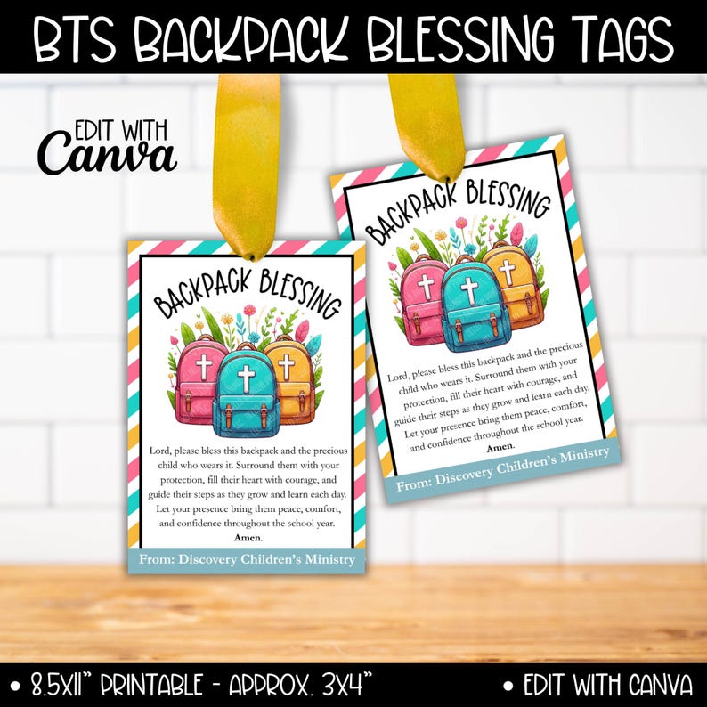 Back to School Backpack Blessing Tag Cards, Sunday School Christian ...