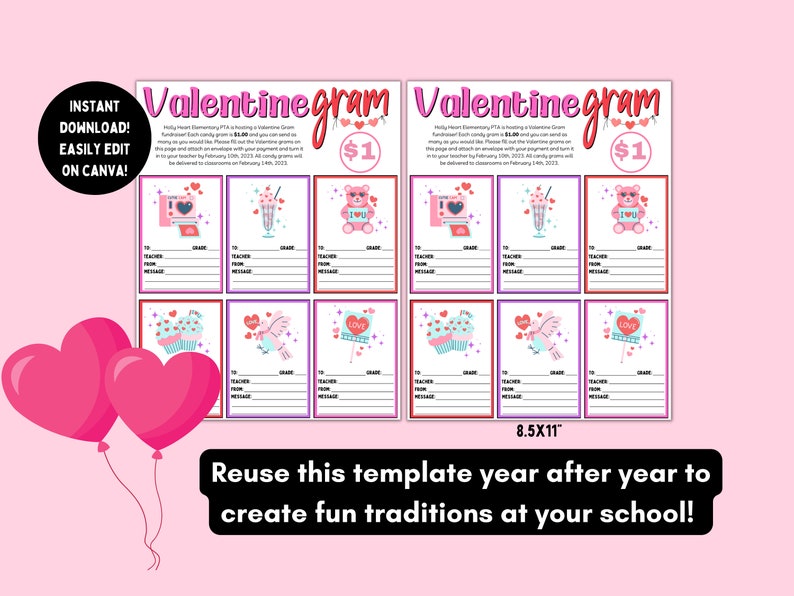 PTA PTO Valentine's Day Candy Gram School Fundraiser Flyer Template ...