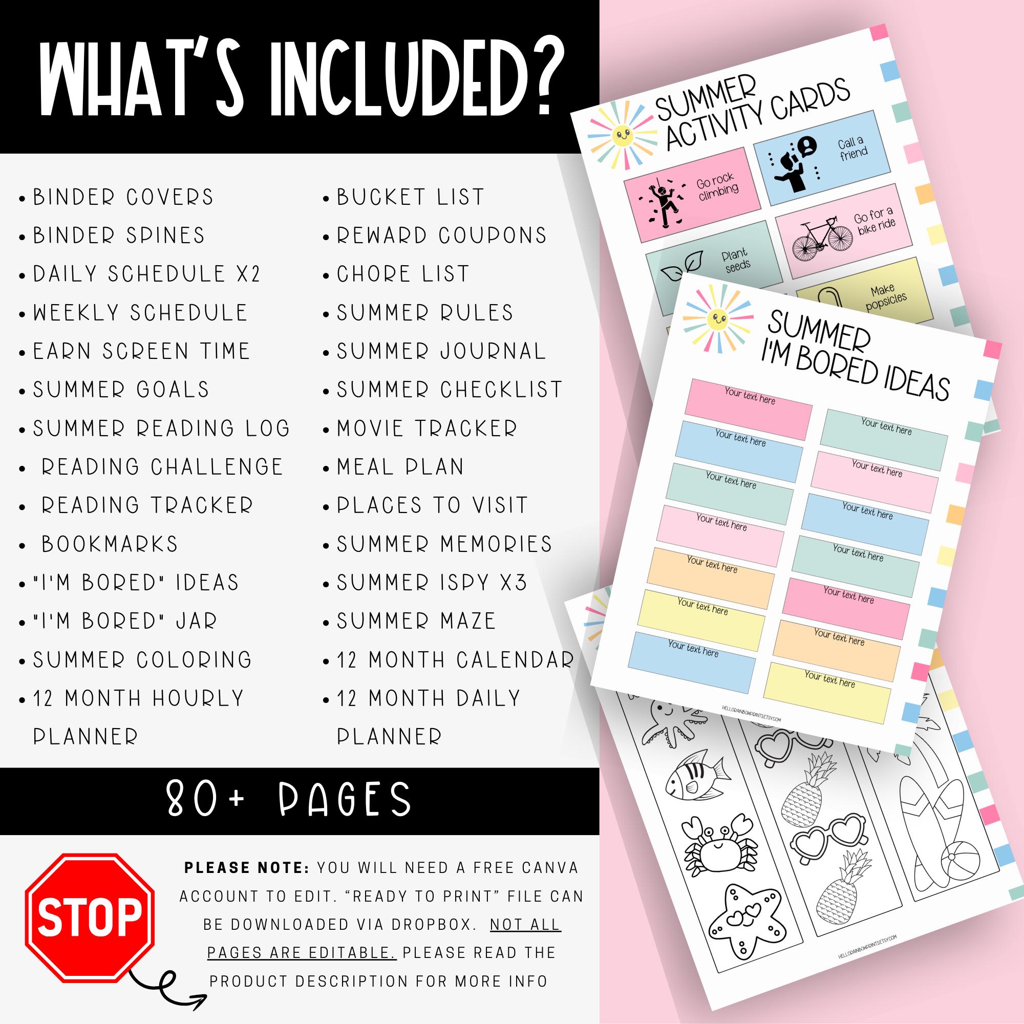 Editable Summer Planner for Kids Template, Kid Summer Reading Behavior ...