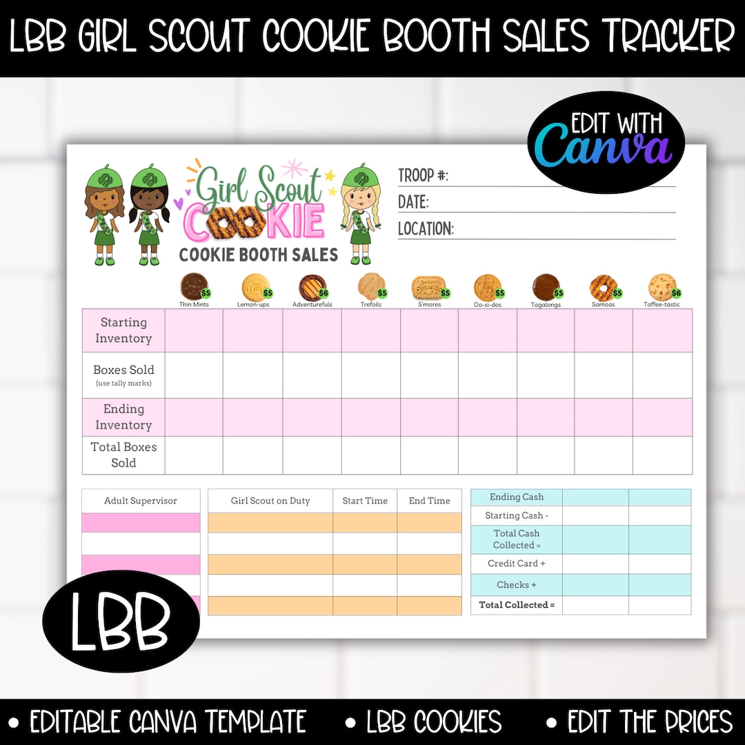 LBB Girl Scout Cookie Booth Sales Tracker Form Editable Canva Template ...