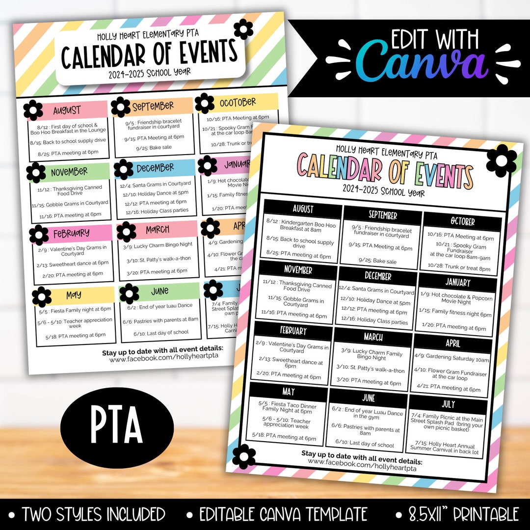 PTA Yearly Calendar of Events Flyer Editable Template, PTA Rainbow Bulletin Board Monthly School ...