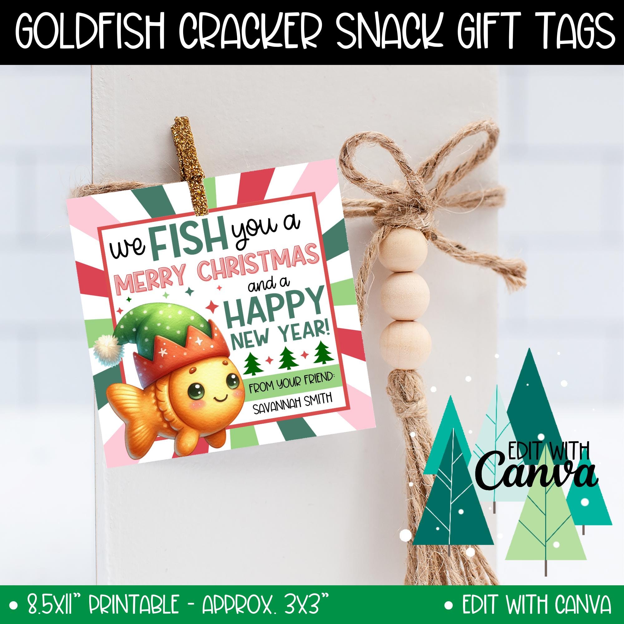 Holiday Goldfish Cracker Kids Teacher Class Treat Gift Tags, Editable ...