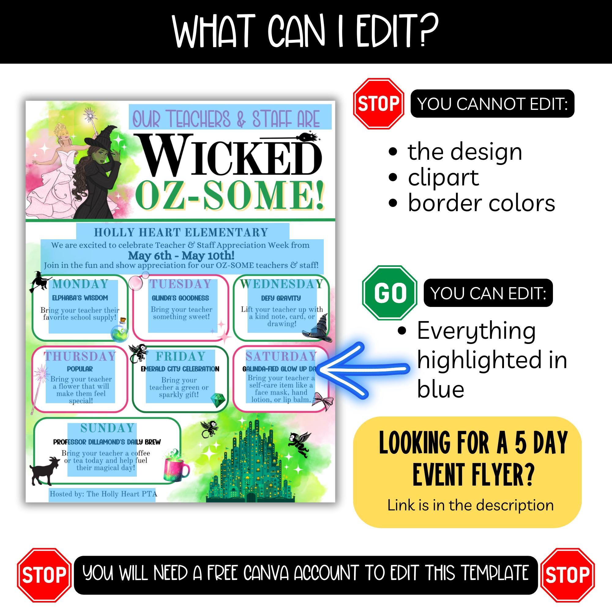 Wicked Teacher Appreciation 7 Day Week Theme Flyer Canva Template ...