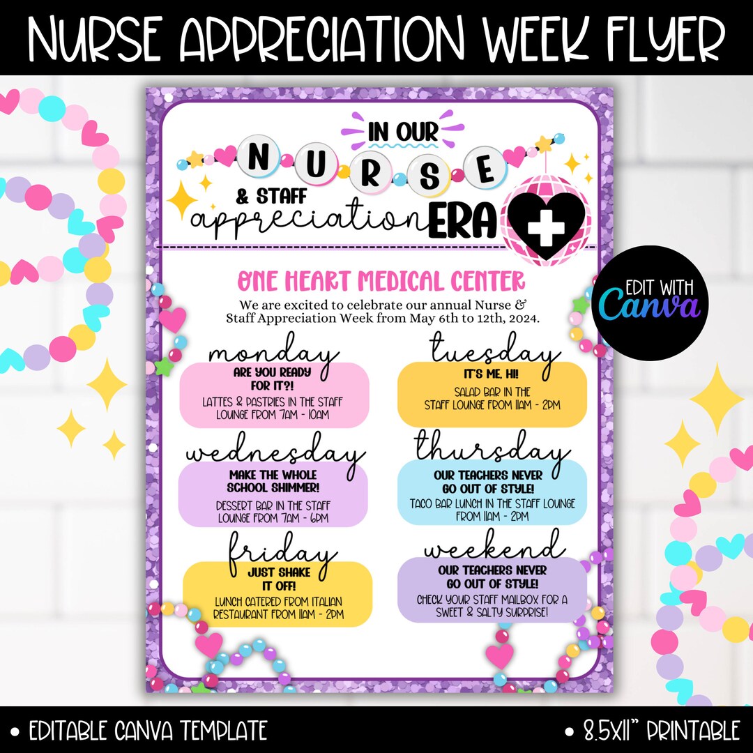 Nurses Staff Appreciation Week Schedule Itinerary Theme Flyer, Hospital ...
